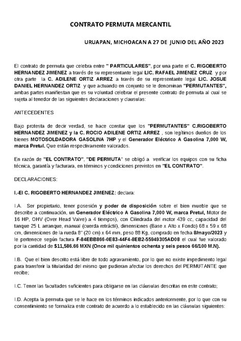 Contrato De Permuta Contrato Permuta Mercantil Uruapan Michoacan A