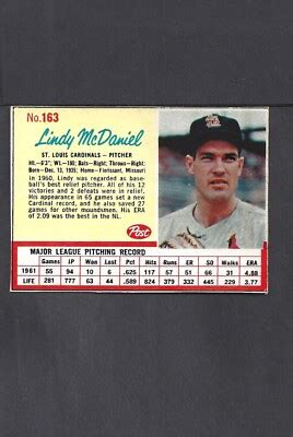 1962 Post 163 Lindy Mcdaniel 7 Cardinals No Creases Ex Mt Nr Mt