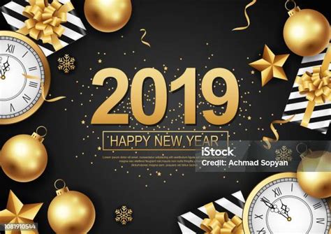 골드 반짝이 색종이 튄 텍스처와 함께 새 해 복 많이 받으세요 2019black 배경 벡터 일러스트 레이 션 12월 31일에