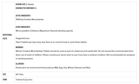 Warrior Creatine Monohydrate 60 Tablets No Limits Supplements