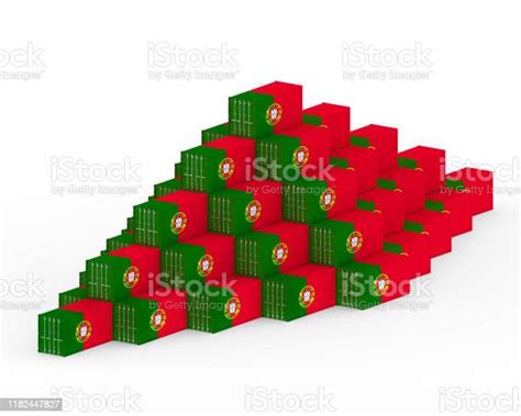 흰색 배경에 포르투갈 플래그와화물 컨테이너의 3d 그림입니다 배달 운송 운송 화물 운송 경제에 대한 스톡 사진 및 기타 이미지