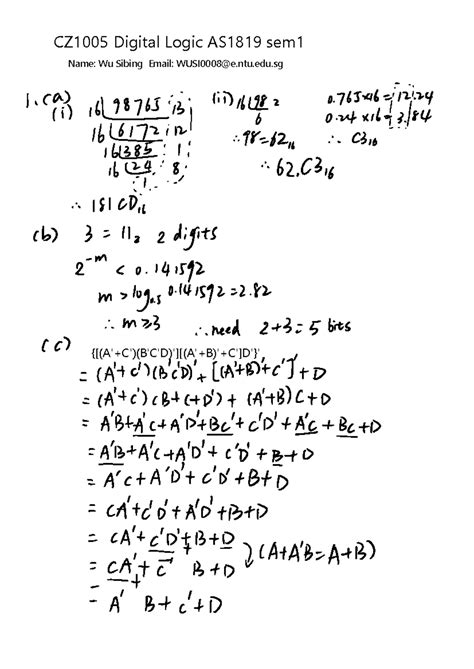 Cx1005 Y18 19 S1 Exam Cz1005 Digital Logic As1819 Sem1 Name Wu