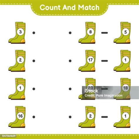 카운트 앤 매치 고무 부츠의 수를 계산하고 올바른 숫자와 일치합니다 교육 어린이 게임 인쇄 워크 시트 벡터 일러스트레이션 0명에 대한 스톡 벡터 아트 및 기타 이미지