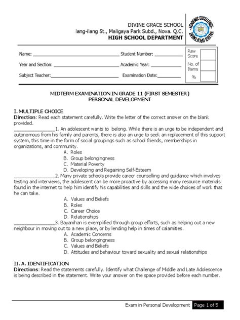 Personal Development Midterm Exam Edited Pdf Stress Biology