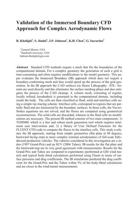 Pdf Validation Of The Immersed Boundary Cfd Approach For Complex Aerodynamic Flows