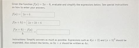 solved given the function f x 2x 6 ﻿evaluate and simplify
