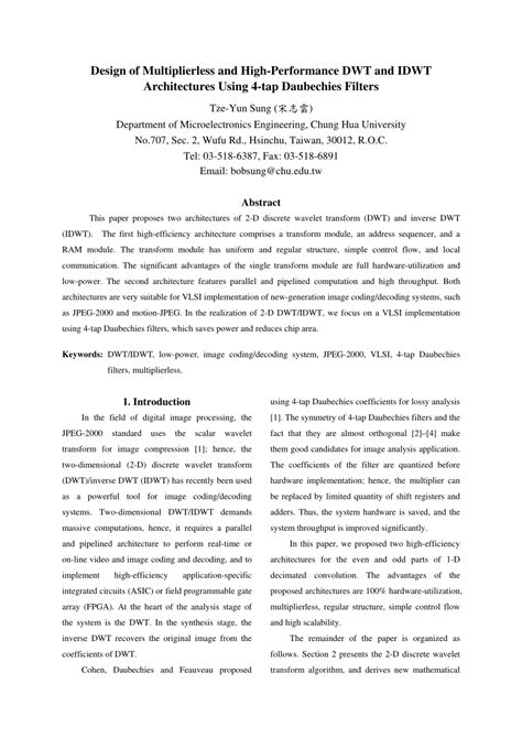 Pdf Design Of Multiplierless And High Performance Dwt And Idwt