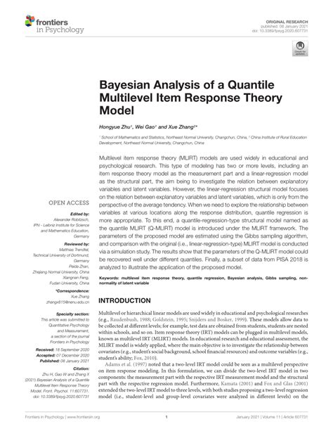 Pdf Bayesian Analysis Of A Quantile Multilevel Item Response Theory Model