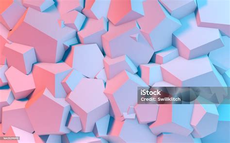 파스텔 배경에 대한 지저분한 배열 또는 혼란스러운 구조로 분홍색과 파란색으로 비행하는 3d 모양의 추상적 배경 0명에 대한 스톡