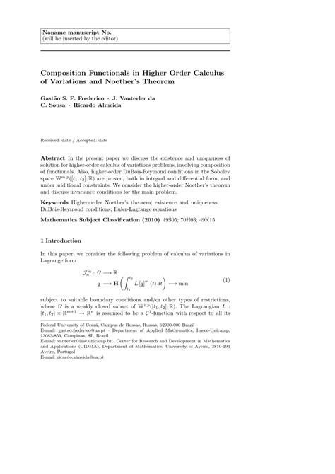 Pdf Composition Functionals In Higher Order Calculus Of Variations And Noethers Theorem