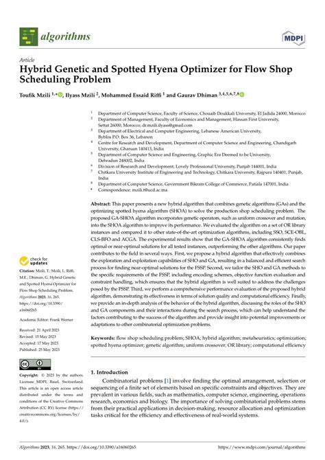 Pdf Hybrid Genetic And Spotted Hyena Optimizer For Flow Shop Scheduling Problem