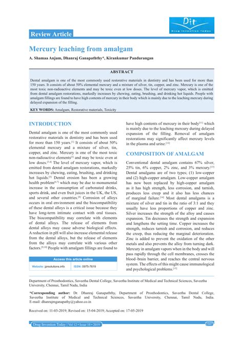 Pdf Mercury Leaching From Amalgam