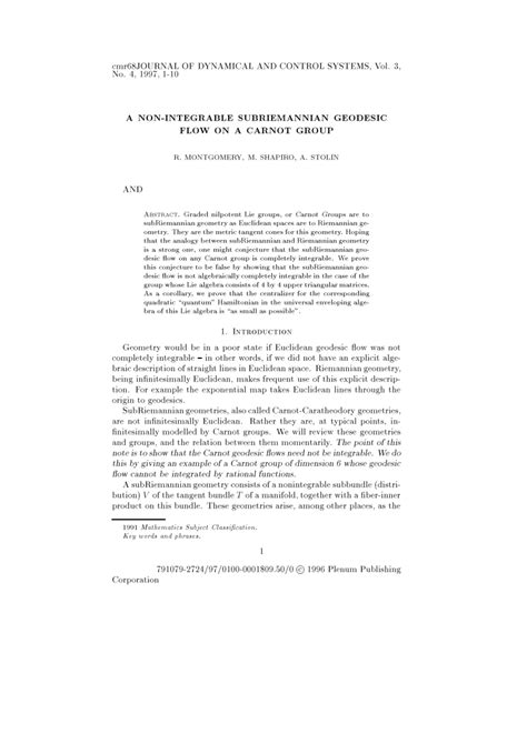 Pdf A Nonintegrable Sub Riemannian Geodesic Flow On A Carnot Group
