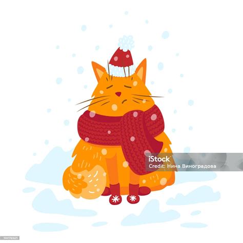 고양이와 겨울 겨울 방학 슬픈 고양이와 떨어지는 눈 재미 있은 빨간 고양이입니다 벡터 그림 12월에 대한 스톡 벡터 아트 및