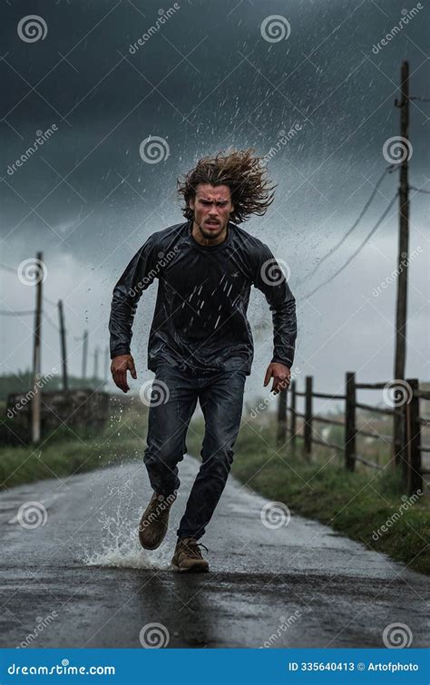 A Man Runs Through Heavy Rain On A Rural Road Surrounded By Dark Clouds