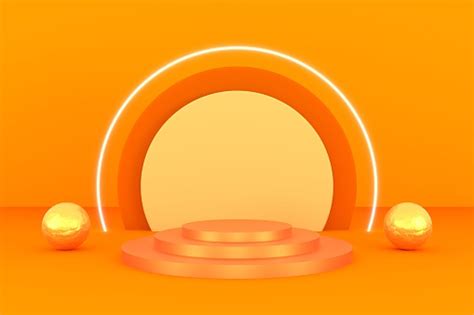 제품 배경 단계 또는 연단을 위한 3d 플랫폼 주황색 및 반지 원형 네온 백색 색깔 및 공 금 색깔을 가진 공백 전시 플랫폼 3d 일러스트레이션 렌더링 0명에 대한 스톡