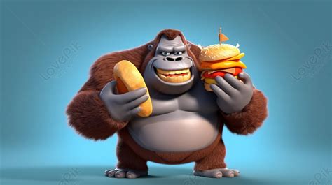 햄버거를 들고 있는 건방진 3d 고릴라 유머러스한 배경 트위스트 건방진 배경 버거 배경 원숭이 그림 배경 이미지 Hd 건방진 버거 원숭이 그림 배경 사진 무료