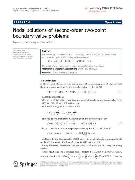 Pdf Nodal Solutions Of Second Order Two Point Boundary Value Problems