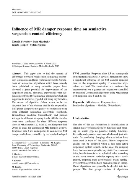 Pdf Influence Of Mr Damper Response Time On Semiactive Suspension