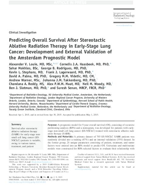 Pdf Predicting Overall Survival Following Stereotactic Ablative Radiotherapy In Early Stage