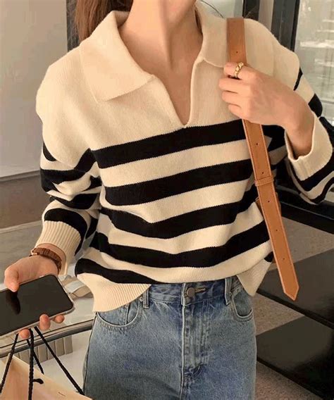 오픈 카라 단가라 니트 여성 줄무늬 스웨터 에이블리