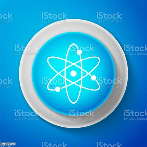 화이트 원자 아이콘 파란색 배경에 고립입니다 과학 교육 핵 물리 과학 연구의 상징 전자 그리고 Protonssign입니다 화이트 라인 블루 원형 버튼입니다 벡터 일러스트