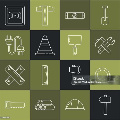 세트 라인 해머 룰렛 구조 렌치 스패너 건설 버블 레벨 교통 콘 전기 플러그 전기 콘센트 및 퍼티 나이프 아이콘 벡터 T 자에 대한 스톡 벡터 아트 및 기타 이미지 Istock