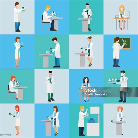 플랫 실험실 연구 과학 실험실 과학자 의사 간호사 아이콘 개념 웹 인포 그래픽 벡터 일러스트 레이 션을 설정 합니다 의료 의학
