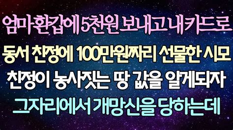 반전 사연 친정엄마 환갑에 5천원 보내고 내카드로 동서 친정에 100만원짜리 선물한 시모 친정이 농사짓는 땅 값을 알게 되자 그자리에서 개망신을 당하는데사이다사연