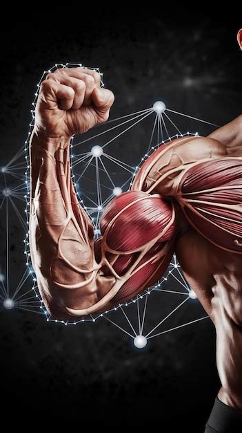 Tense Arm Clenched Into Fist Veins Bodybuilder Muscles On A Dark Background Neural Network