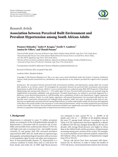 Pdf Association Between Perceived Built Environment And Prevalent Hypertension Among South