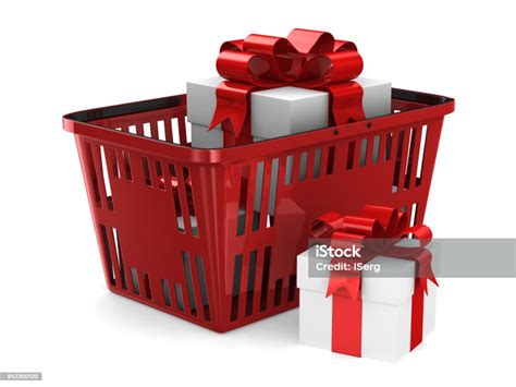 선물 쇼핑 바구니 흰색 바탕에 빨간색에서 상자 격리 된 3d 그림 3차원 형태에 대한 스톡 사진 및 기타 이미지 3차원 형태