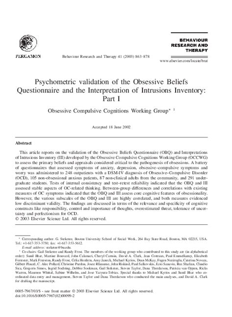 Pdf Psychometric Validation Of The Obsessive Beliefs Questionnaire And The Interpretation Of