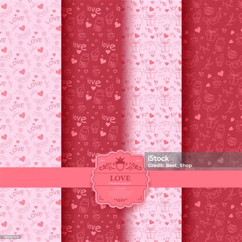 발렌타인 데이 세트 하트핑크 로맨틱 한 매끄러운 패턴 포장지 및 선물 가방의 컬렉션 벡터 일러스트 배경 0명에 대한 스톡 벡터