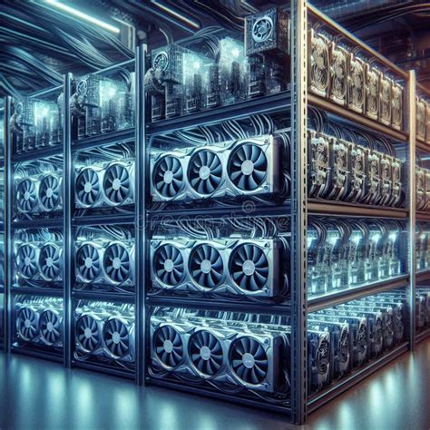 High Tech Cryptocurrency Mining Rig Setup With Gpus And Cooling Systems Detailed Image Stock