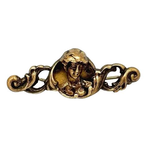 Art Nouveau Celestial Nymph Female Cameo Brass Brooch Chairish
