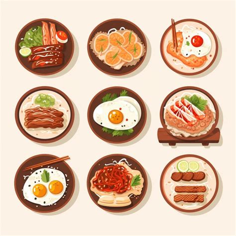 한국 터 아시아 일러스트레이션 메뉴 세트 전통 레스토랑 한국 음식 요리 식사 프리미엄 Ai 생성 벡터