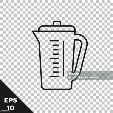 검은 색 라인 투명 한 배경에 격리 된 건조 하 고 액체 식품 아이콘을 측정 하는 컵을 측정 합니다 손잡이가 달린 플라스틱 그라디드 비커 벡터 일러스트레이션 가정 생활에