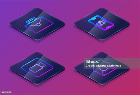 모바일 및 온라인 작업에서 Isometric 라인 서류 가방 카메라 비디오 카메라 끄기 설정합니다 파란색 정사각형 버튼 벡터 3차원 형태에 대한 스톡 벡터 아트 및 기타