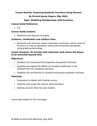 Lesson Plan Exploring Graphs Of Quadratic Functions Using Desmos Teaching Resources