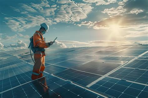 Maintenance Engineer Inspecting Solar Field With Data Visualization Tablet Premium Ai
