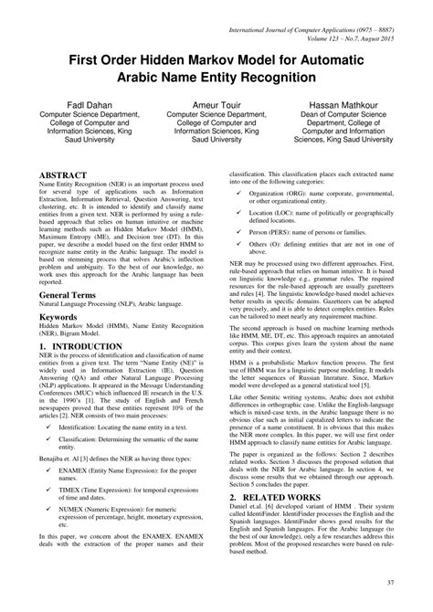 Pdf First Order Hidden Markov Model For Automatic Arabic Name Entity Recognition