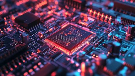Cpu Processing Data On Circuit Board With Red And Blue Lights Stock