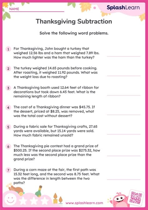Subtract Decimal Numbers With 2 Decimal Place Thanksgiving Word