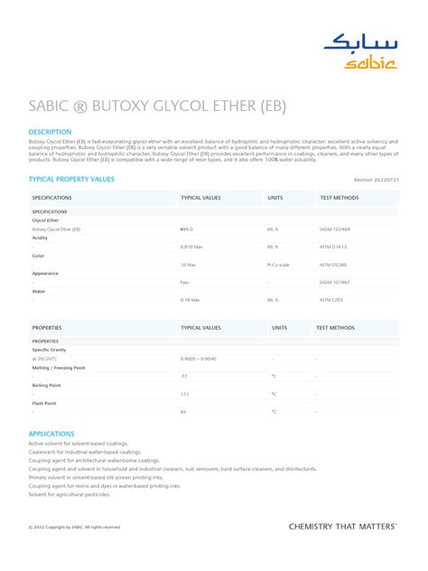 Sabic ® Butoxy Glycol Ether Eb Global Technical Data Sheet Pdf Solvent Coating