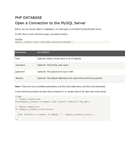 Php Database Open A Connection To The Mysql Server Syntax Pdf Sql