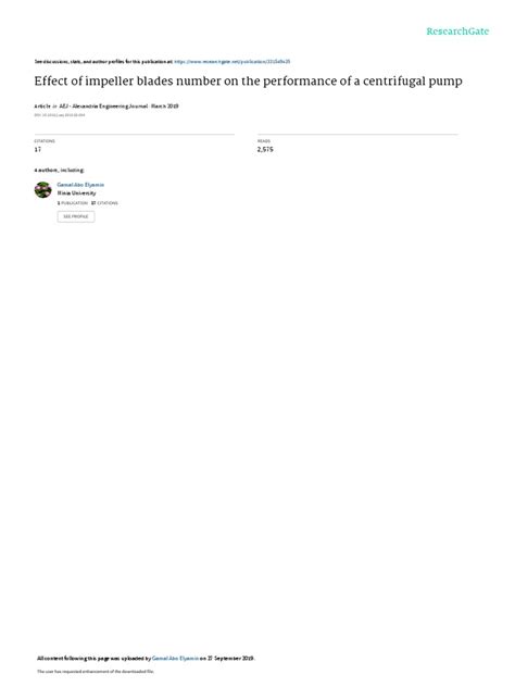 Effect Of Impeller Blades Number On The Performance Of A Centrifugal Pump Pdf Pump Fluid