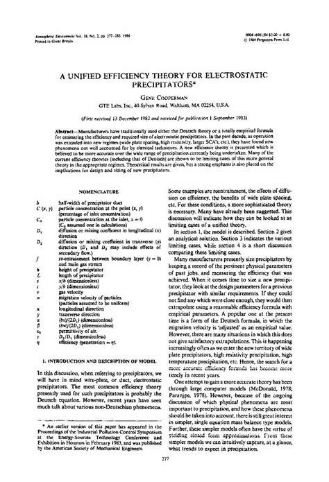 Pdf A Unified Efficiency Theory For Electrostatic Precipitators