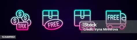세트 라인 세금 지불 무료 기호가 있는 골판지 상자 품목 가격표 달러 및 무료 배송 서비스 빛나는 네온 아이콘입니다 벡터 0명에 대한 스톡 벡터 아트 및 기타 이미지