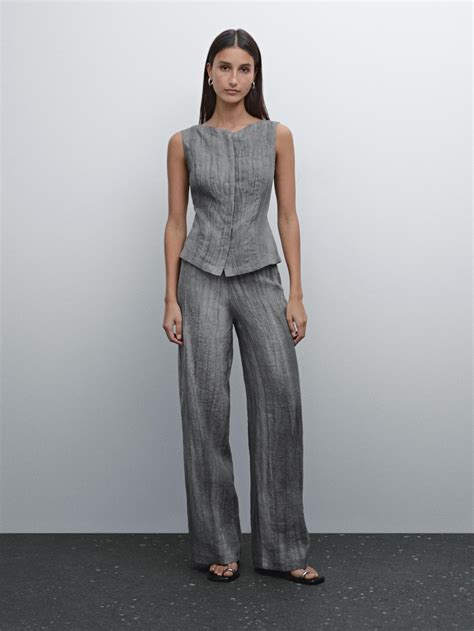 بنطلون مفصل بقماش كتان 100 · رصاصي · Dressy Massimo Dutti